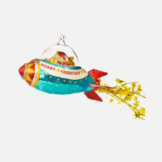 Mid Century Retro Rocket Santa Glass Ornament
