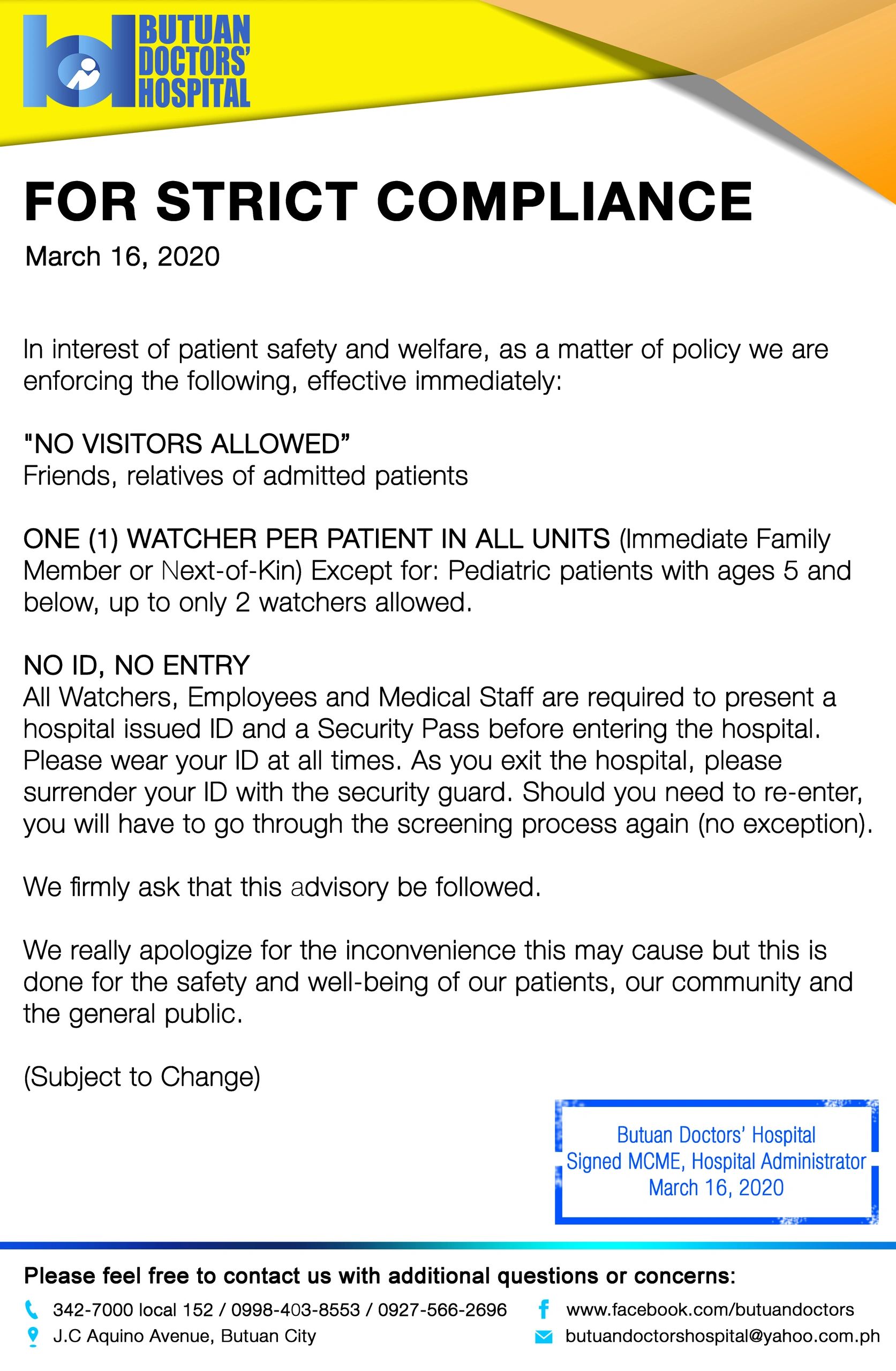 "No ID, No Entry" NCOV-19 Advisory to the public