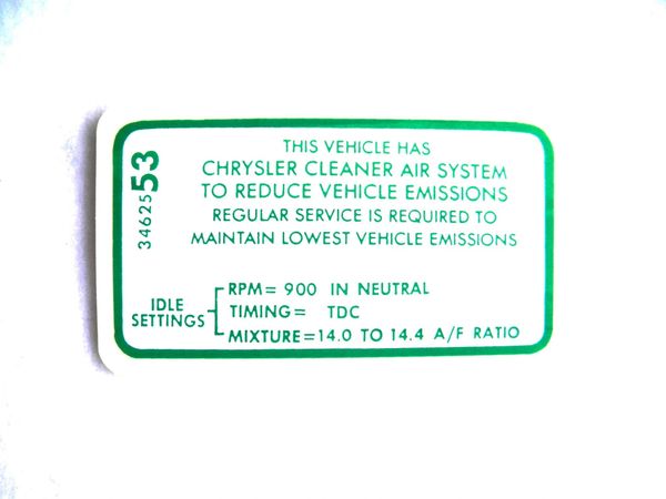 1970 MOPAR 440 4 SPEED ENGINE EMISSION DECAL GTX CORONET R/T CHARGER R ...
