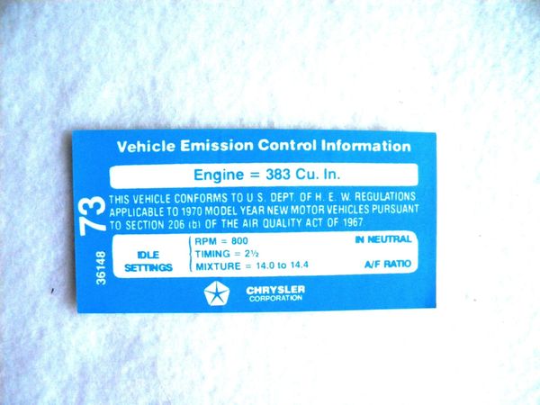 1970 383 MOPAR ENGINE EMISSION DECAL AUTOMATIC 'CUDA CHALLENGER R/T ...