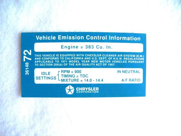 1971 MOPAR 383 CALIFORNIA AUTOMATIC EMISSION DECAL CHARGER SUPER BEE ...