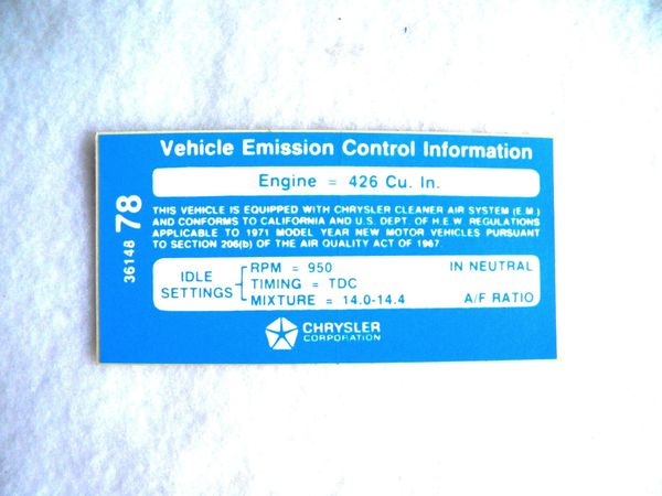 1971 MOPAR 426 HEMI ENGINE EMISSION DECAL CALIFORNIA CHARGER R/T SUPER ...