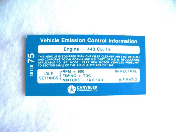 1971 MOPAR 440 ENGINE EMISSION DECAL CHARGER R/T GTX ROAD RUNNER ...