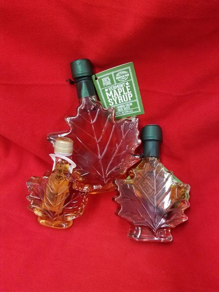 Vt Maple Syrup in a glass maple leaf bottle