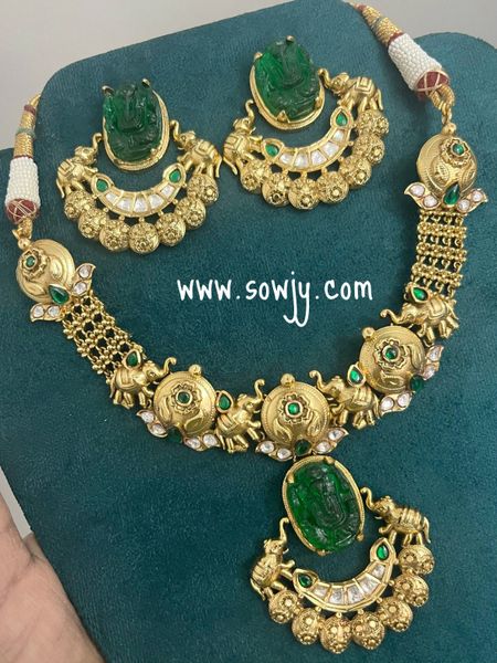 Showstopper Set Emerald Stone Ganesha Carved Inlay Work Big Pendant Jadau Kundan Necklace with Matching Big Chaandbali Ganesha Earrings GREEN