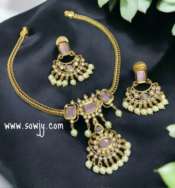 Beautiful Gold Look Alike Attigai Style Floral Pendant necklace with Earrings Pastel Pink Sowjy The Online Jewelry Store