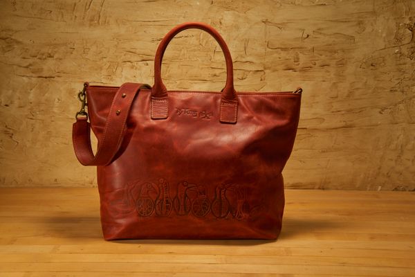 Handcrafted Leather Tote Bag with "Conversation" Embossed Design - Red