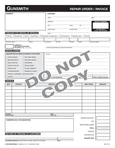 Gunsmith Repair Order / Invoice Pad (100 Sheets 8 1/2 x 11) | RK ...